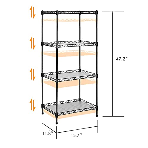 Best 4-Tier Wire Shelving - Black - Heavy Duty Shelf - Kitchen Storage Shelves, Wire Shelving Unit with Baskets Storage Rack Corner Shelf Shelving Adjustable Storage Shelf, 11.8" D x 15.7" W x 47" H