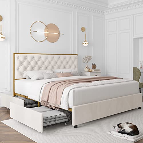 HIFIT Queen Bed Frame with 4 Storage Drawers, Upholstered Queen Platform Bed Frame with Button Tufted Headboard, Heavy Duty Mattress Foundation with Wooden Slats, No Box Spring Needed, Golden & Beige