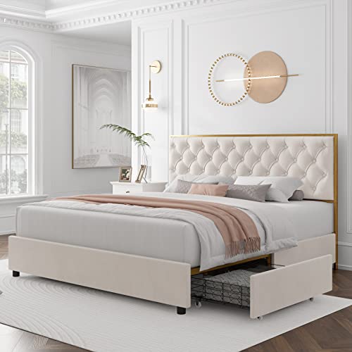 HIFIT Queen Bed Frame with 4 Storage Drawers, Upholstered Queen Platform Bed Frame with Button Tufted Headboard, Heavy Duty Mattress Foundation with Wooden Slats, No Box Spring Needed, Golden & Beige