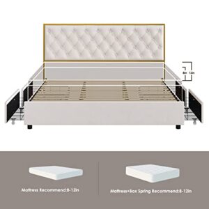 HIFIT Queen Bed Frame with 4 Storage Drawers, Upholstered Queen Platform Bed Frame with Button Tufted Headboard, Heavy Duty Mattress Foundation with Wooden Slats, No Box Spring Needed, Golden & Beige