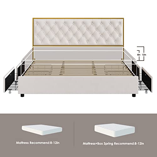 HIFIT Queen Bed Frame with 4 Storage Drawers, Upholstered Queen Platform Bed Frame with Button Tufted Headboard, Heavy Duty Mattress Foundation with Wooden Slats, No Box Spring Needed, Golden & Beige