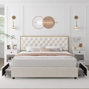 HIFIT Queen Bed Frame with 4 Storage Drawers, Upholstered Queen Platform Bed Frame with Button Tufted Headboard, Heavy Duty Mattress Foundation with Wooden Slats, No Box Spring Needed, Golden & Beige