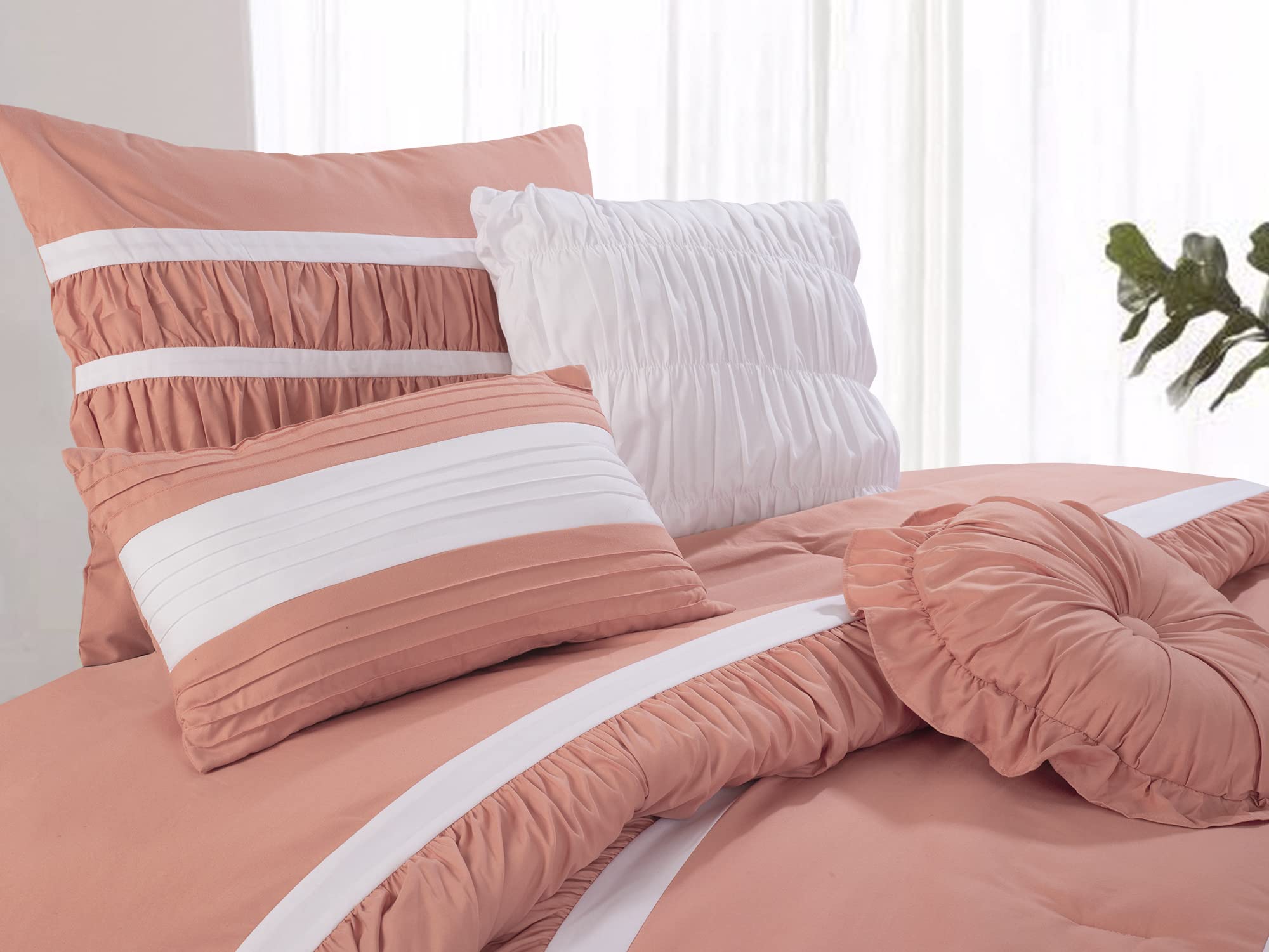 Elegant Comfort 12-Piece Bed-in-a-Bag, Isabella Pleated Ruched Ruffled Comforter Set, 6-Piece Sheet Set Featuring Smart Pockets, Matching Decorative Pillows, All Season Bedding, King, Dusty Rose