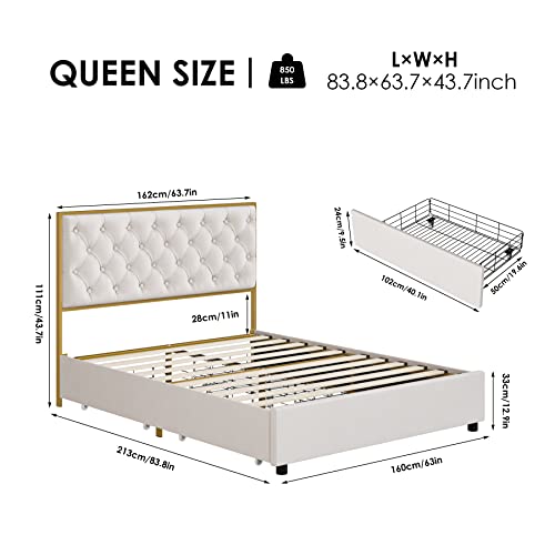 HIFIT Queen Bed Frame with 4 Storage Drawers, Upholstered Queen Platform Bed Frame with Button Tufted Headboard, Heavy Duty Mattress Foundation with Wooden Slats, No Box Spring Needed, Golden & Beige