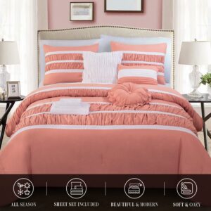 Elegant Comfort 12-Piece Bed-in-a-Bag, Isabella Pleated Ruched Ruffled Comforter Set, 6-Piece Sheet Set Featuring Smart Pockets, Matching Decorative Pillows, All Season Bedding, King, Dusty Rose