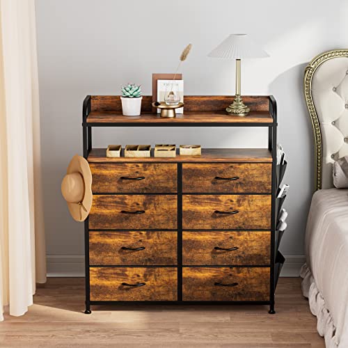 Lulive 8 Drawer Dresser with Shelves, Chest of Drawers for Bedroom with Side Pockets and Hooks, Fabric Storage Tower Organizer for Nursery, Hallway, Closet, Wood Top (Rustic Brown)