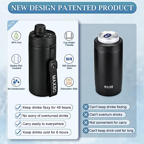 MAXSO Sealed Can Cooler Fizz Lid Can Cover for 12oz Regular, Slim Skinny Cans & As Thermal Bottle, 3-in-1 Insulated Vacuum Stainless Steel Can Coozie Carbonated Drink Holder - Black