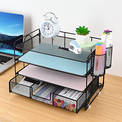 Becomrock Desk Organizers, 4-Tier Paper Letter Tray Organizer with Drawer and Pen Holder, Mesh Desktop Organizer, Office Supplies Desk Accessories (Black)