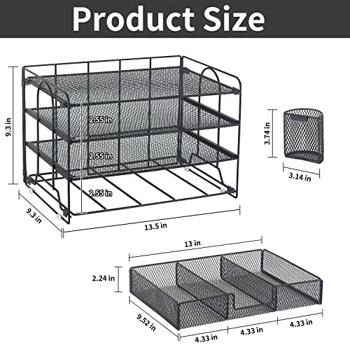 Becomrock Desk Organizers, 4-Tier Paper Letter Tray Organizer with Drawer and Pen Holder, Mesh Desktop Organizer, Office Supplies Desk Accessories (Black)