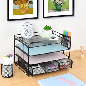 Becomrock Desk Organizers, 4-Tier Paper Letter Tray Organizer with Drawer and Pen Holder, Mesh Desktop Organizer, Office Supplies Desk Accessories (Black)