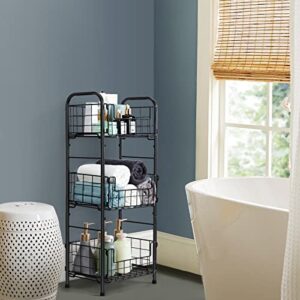 3-tier metal tower bathroom shelf, freestanding storage organizer tower rack basket shelf, metal furniture unit for bathroom, powder room, laundry room entryway, kitchen pantry-holds bath towels, soap