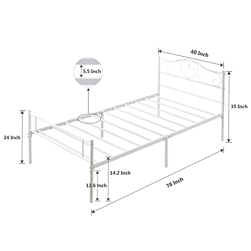 VECELO 14 Inch Twin Size Metal Platform Bed Frame with Headboard and Footboard, Heavy Duty Mattress Foundation with Steel Slats Support, No Box Spring Needed, White