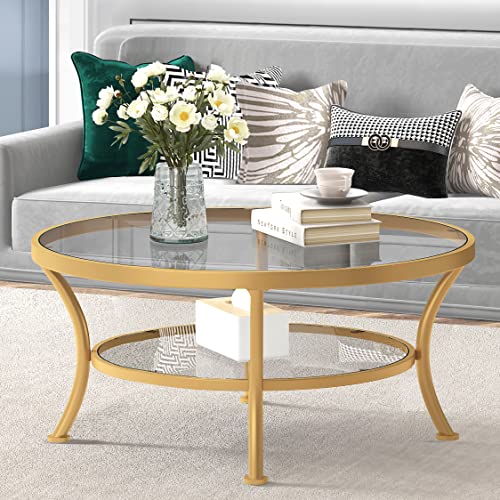 O&K FURNITURE Modern Round Coffee Table with Storage, 2-Tier Glass Top Coffee Table for Living Room, Gold