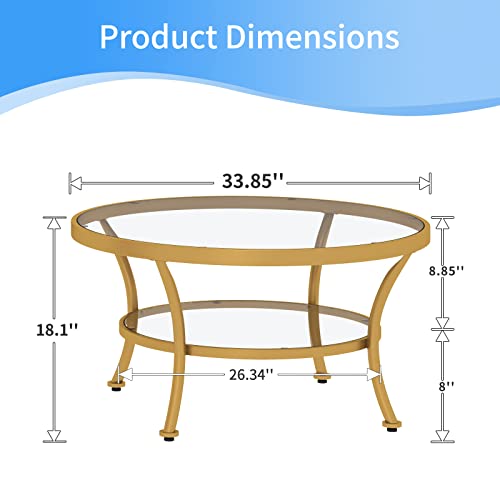 O&K FURNITURE Modern Round Coffee Table with Storage, 2-Tier Glass Top Coffee Table for Living Room, Gold