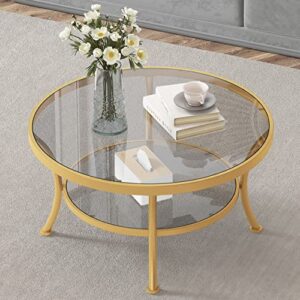 O&K FURNITURE Modern Round Coffee Table with Storage, 2-Tier Glass Top Coffee Table for Living Room, Gold