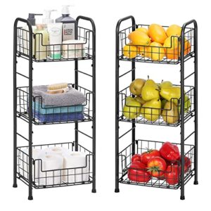 freestanding bathroom shelving unit,metal 3 tier shelf,bathroom storage organizer shelf basket shelf for bathroom,kitchen,living room,can accommodate toiletries home office supplies(black,pack of 2)