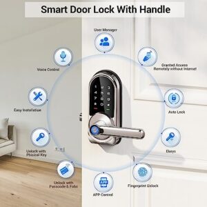 Veise Smart Lock, Keyless Entry Door Lock with Handle, Fingerprint Door Lock, 7-in-1 Smart Locks for Front Door, Electronic Digital Lock with Keypad, APP Control, Front Door Lock Set, Satin Nickel