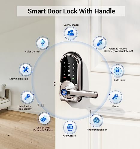 Veise Smart Lock, Keyless Entry Door Lock with Handle, Fingerprint Door Lock, 7-in-1 Smart Locks for Front Door, Electronic Digital Lock with Keypad, APP Control, Front Door Lock Set, Satin Nickel