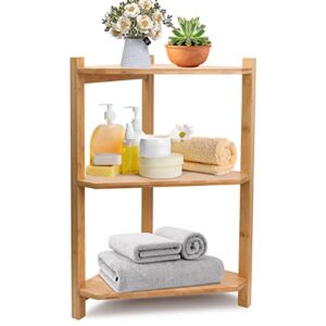 foverone bamboo corner shelf, 3 tier corner storage rack, 24 inches height freestanding shelf unit for kitchen, bathroom, bedroom, living room