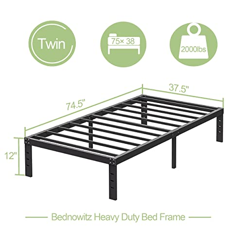 Bednowitz Twin Metal Platform Bed Frame, 12 Inch Twin Bed Frames with Heavy Duty Steel Slats, Noise Free Mattress Foundation No Box Spring Needed, Easy Assembly, Black