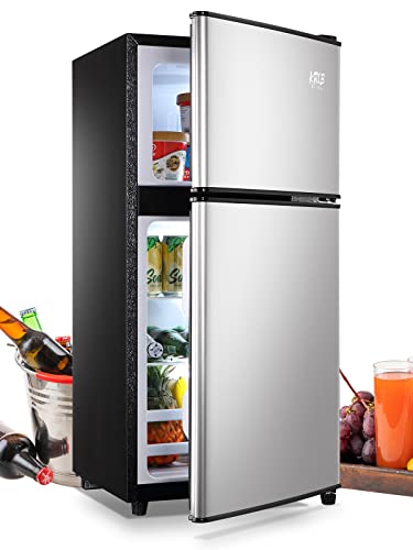 KRIB BLING Mini Fridge with Freezer on Top, 3.5 Cu.Ft Compact Refrigerator with 7 Levels Adjustable Thermostat, Small Fridge for Dorm, Office, RV Camping, Silver