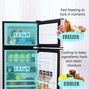 KRIB BLING Mini Fridge with Freezer on Top, 3.5 Cu.Ft Compact Refrigerator with 7 Levels Adjustable Thermostat, Small Fridge for Dorm, Office, RV Camping, Silver