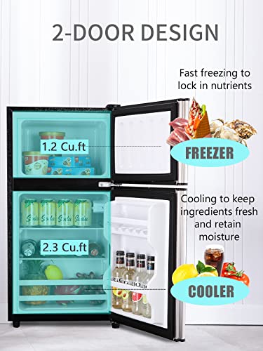 KRIB BLING Mini Fridge with Freezer on Top, 3.5 Cu.Ft Compact Refrigerator with 7 Levels Adjustable Thermostat, Small Fridge for Dorm, Office, RV Camping, Silver