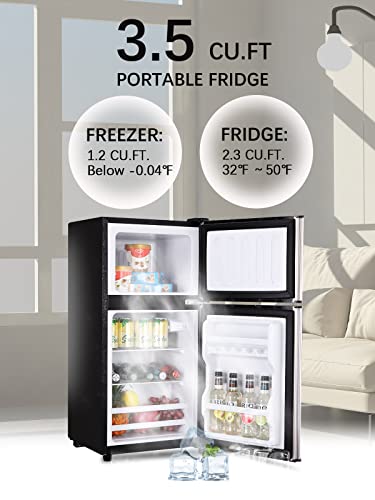 KRIB BLING Mini Fridge with Freezer on Top, 3.5 Cu.Ft Compact Refrigerator with 7 Levels Adjustable Thermostat, Small Fridge for Dorm, Office, RV Camping, Silver