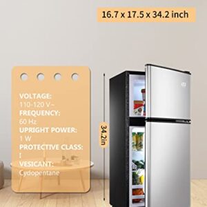 KRIB BLING Mini Fridge with Freezer on Top, 3.5 Cu.Ft Compact Refrigerator with 7 Levels Adjustable Thermostat, Small Fridge for Dorm, Office, RV Camping, Silver