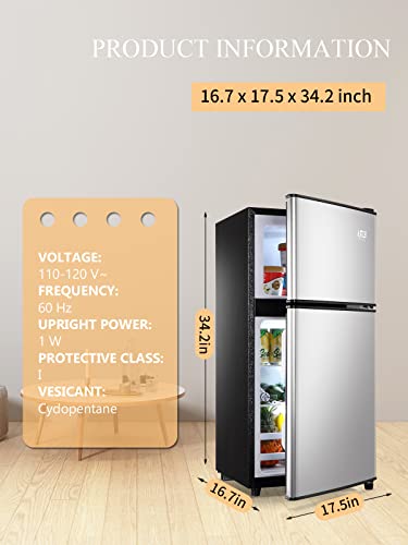 KRIB BLING Mini Fridge with Freezer on Top, 3.5 Cu.Ft Compact Refrigerator with 7 Levels Adjustable Thermostat, Small Fridge for Dorm, Office, RV Camping, Silver