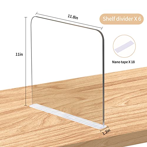 Fixwal 6 Pack Clear Shelf Dividers for Closet Organization, Closet Shelf Divider Organizer Multi Functional Wood Closet Separator for Storage in Bedroom, Kitchen, Office