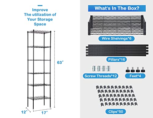 6-Tier Metal Wire Shelving Unit Tall Shelf Storage Rack NSF Certified Storage Shelves 600 Lbs Capacity Standing Utility Shelf for Laundry Kitchen Pantry Garage Organization Snack Shelf