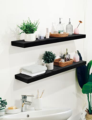 Annecy Floating Shelves Set of 2, 36" L x 6.8" D Black Floating Shelves for Wall Storage,Soild Wood Floating Shelf for Bathroom, Living Room,Kitchen,Rustic Shelves for Wall Décor