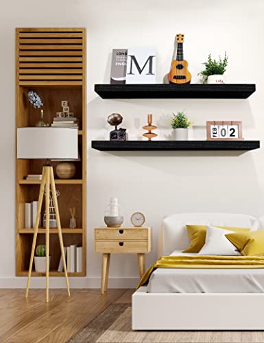 Annecy Floating Shelves Set of 2, 36" L x 6.8" D Black Floating Shelves for Wall Storage,Soild Wood Floating Shelf for Bathroom, Living Room,Kitchen,Rustic Shelves for Wall Décor