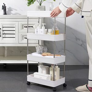 RUTILY 4 Tier Slim Rolling Storage Cart Bathroom Mobile Shelving Unit Kitchen Rolling Utility Organizer for Laundry Narrow Places White