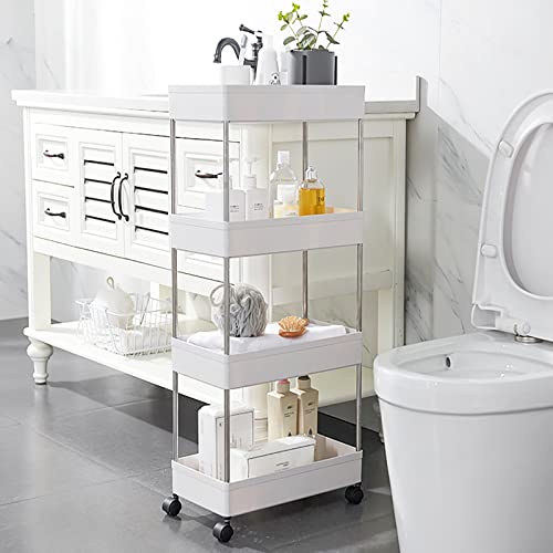 RUTILY 4 Tier Slim Rolling Storage Cart Bathroom Mobile Shelving Unit Kitchen Rolling Utility Organizer for Laundry Narrow Places White