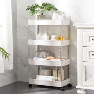 RUTILY 4 Tier Slim Rolling Storage Cart Bathroom Mobile Shelving Unit Kitchen Rolling Utility Organizer for Laundry Narrow Places White