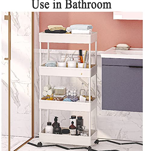 RUTILY 4 Tier Slim Rolling Storage Cart Bathroom Mobile Shelving Unit Kitchen Rolling Utility Organizer for Laundry Narrow Places White