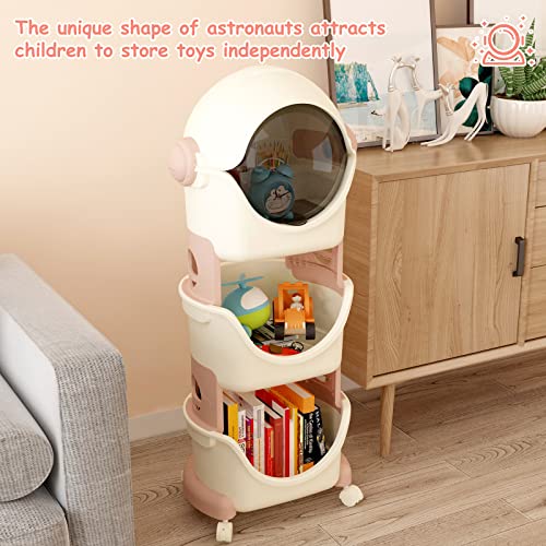 Benarita Toys Storage Organizer Cart with Wheels for Kids Children Playroom Activity Rack Shelf Stable Plastic Bins for Living Room Bedroom Kitchen Spaceman Shape Pink