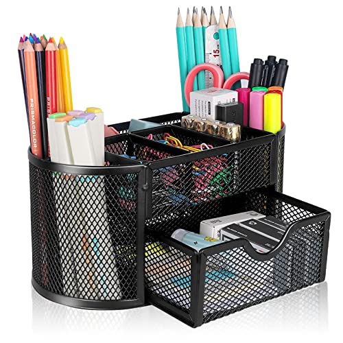 HOPECK Desk Organizer Office Accessories, Multi-Functional Mesh Desk Organizer with 8 Compartments and 1 Drawer for Home, Office, School, Workshop, kitchen (Black)