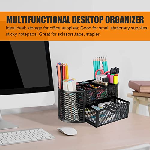 HOPECK Desk Organizer Office Accessories, Multi-Functional Mesh Desk Organizer with 8 Compartments and 1 Drawer for Home, Office, School, Workshop, kitchen (Black)