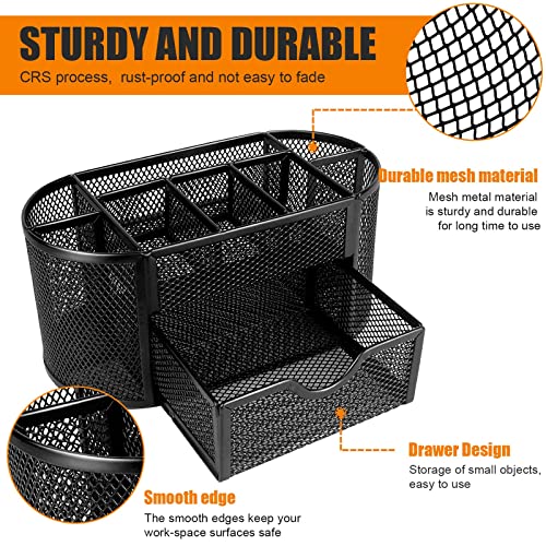 HOPECK Desk Organizer Office Accessories, Multi-Functional Mesh Desk Organizer with 8 Compartments and 1 Drawer for Home, Office, School, Workshop, kitchen (Black)