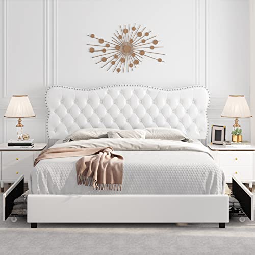 HOSTACK King Bed Frame with 4 Storage Drawers, Upholstered Platform Bed Frame with Button Tufted Headboard, Heavy Duty Mattress Foundation with Wooden Slats, No Box Spring Needed (White, King)