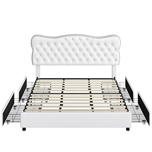 HOSTACK King Bed Frame with 4 Storage Drawers, Upholstered Platform Bed Frame with Button Tufted Headboard, Heavy Duty Mattress Foundation with Wooden Slats, No Box Spring Needed (White, King)