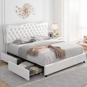 HOSTACK King Bed Frame with 4 Storage Drawers, Upholstered Platform Bed Frame with Button Tufted Headboard, Heavy Duty Mattress Foundation with Wooden Slats, No Box Spring Needed (White, King)