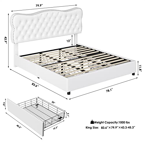 HOSTACK King Bed Frame with 4 Storage Drawers, Upholstered Platform Bed Frame with Button Tufted Headboard, Heavy Duty Mattress Foundation with Wooden Slats, No Box Spring Needed (White, King)