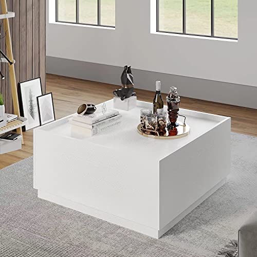 Panana Modern Coffee Table with 2 Drawers for Living Room Home Office, Wooden Coffee Table in White