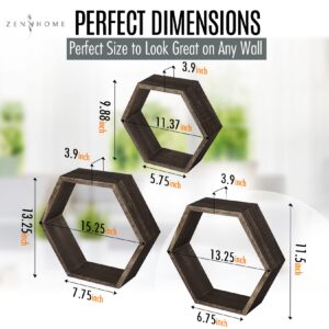 Zen Home Rustic Hexagon Floating Shelves, Set of 3, Honeycomb Shelves, Natural Wood, Kitchen, Bathroom, Living Room Home Decor, Guy Potted Plant, Artificial Hanging Plants, Wall Shelves (Rustic Brown)