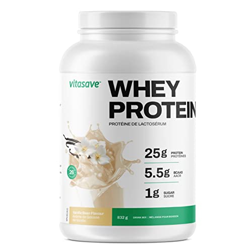 VITASAVE Whey Protein Powder Vanilla – 100% Whey Protein Powder, 25g Protein Per Serving – Grass-Fed, Gluten-Free, BCAAs, Amino Acids - 26 Servings, 832g Tub (Vanilla)