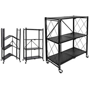 healsmart 4-tier heavy duty foldable metal rack storage shelving unit, black & 3-tier heavy duty foldable metal rack storage shelving unit with wheels moving easily organizer shelves, black